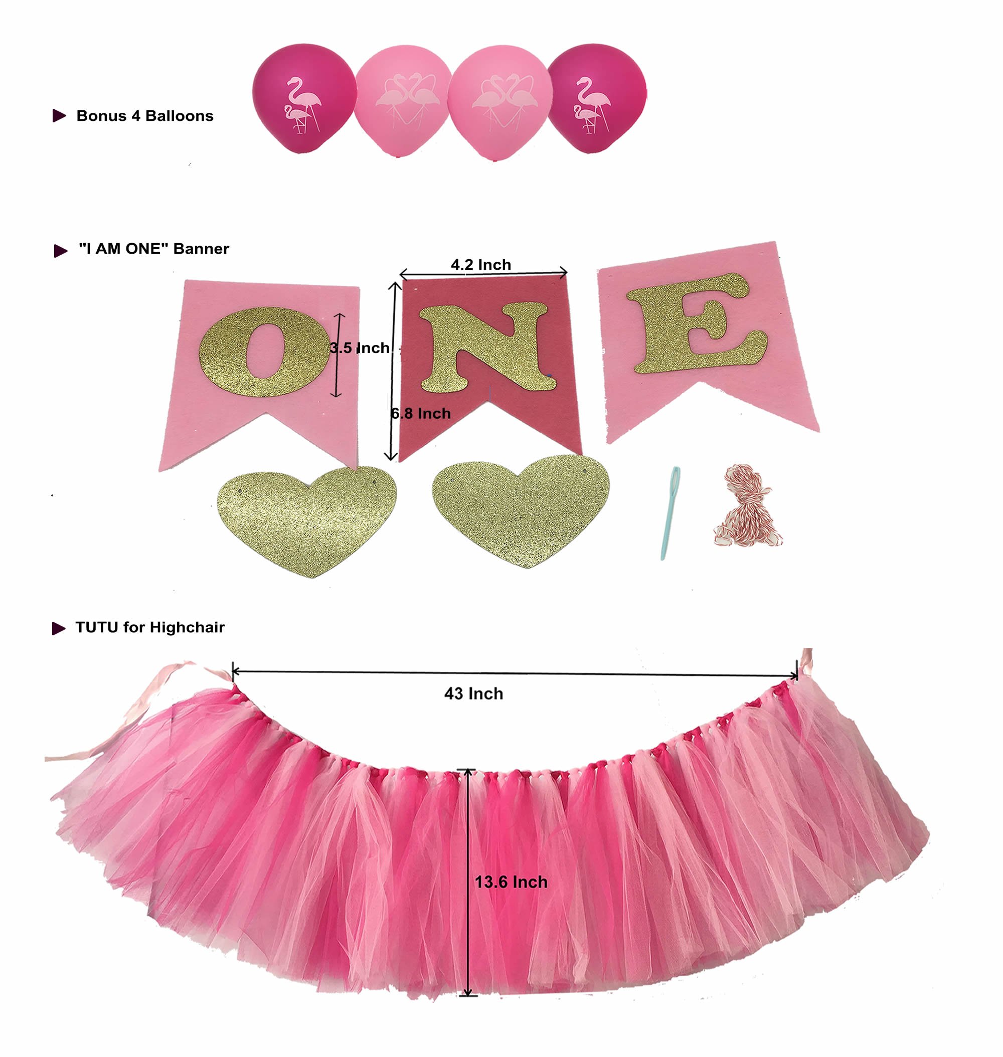 1st Birthday Girl Baby Tutu for High Chair Decoration and "ONE" Pennant Happy Birthday for Highchair