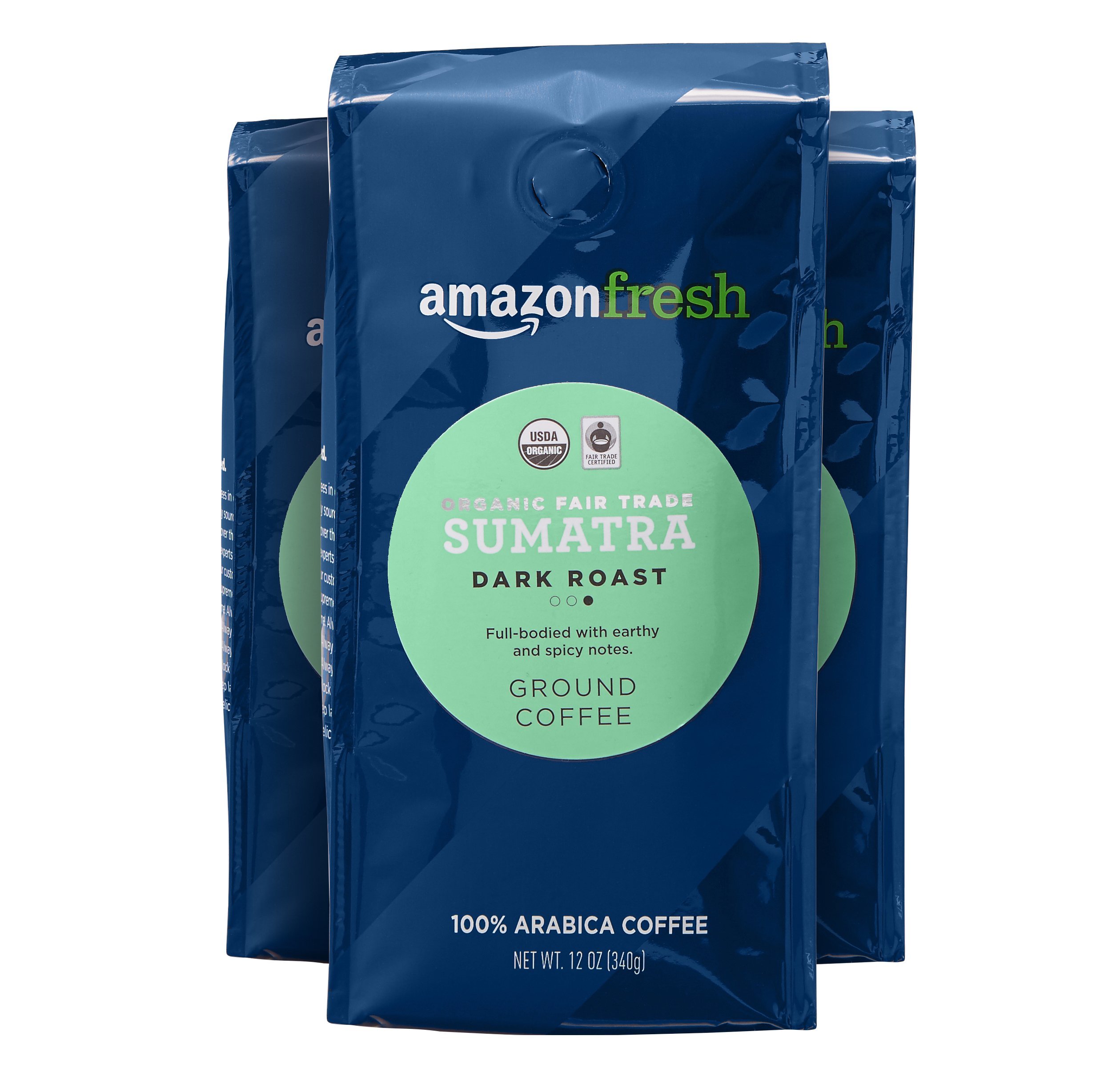 Amazon Fresh Organic Fair Trade Sumatra Ground Coffee, Dark Roast, 12 Ounce (Pack of 3)