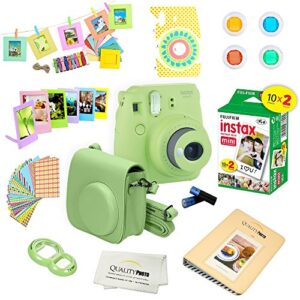 fujifilm instax mini 9 camera + fuji instax instant film (20 sheets) + 14 pc instax accessories kit bundle, includes; instax case + album + frames & stickers + lens filters + more (lime green)