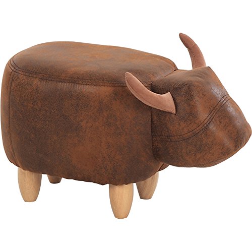 OLizee Decorative Buffalo Ottoman Footstool Cute Animal Upholstered Stool for Kids Wooden Footrest Accent Furniture, Brown