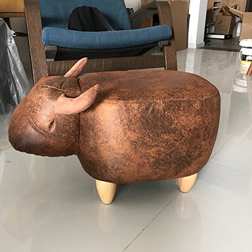 OLizee Decorative Buffalo Ottoman Footstool Cute Animal Upholstered Stool for Kids Wooden Footrest Accent Furniture, Brown