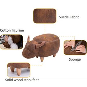 OLizee Decorative Buffalo Ottoman Footstool Cute Animal Upholstered Stool for Kids Wooden Footrest Accent Furniture, Brown