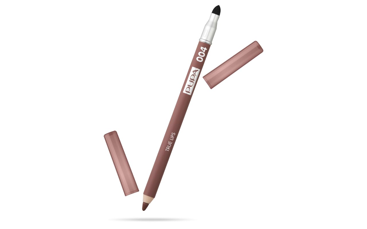 Pupa Milano True Lips Blendable Lip Liner - Dual-Ended Matte Lining Color and Brush - Light and Creamy, Hydrating, High Pigment, Smudge Proof Formula - Paraben Free - 004 Plain Brown - 0.042 oz