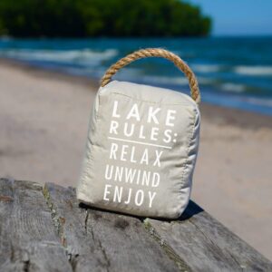 Pavilion Gift Company Lake Rules: Relax Unwind Enjoy Tan Door Stopper, Off White, 5" x 6"