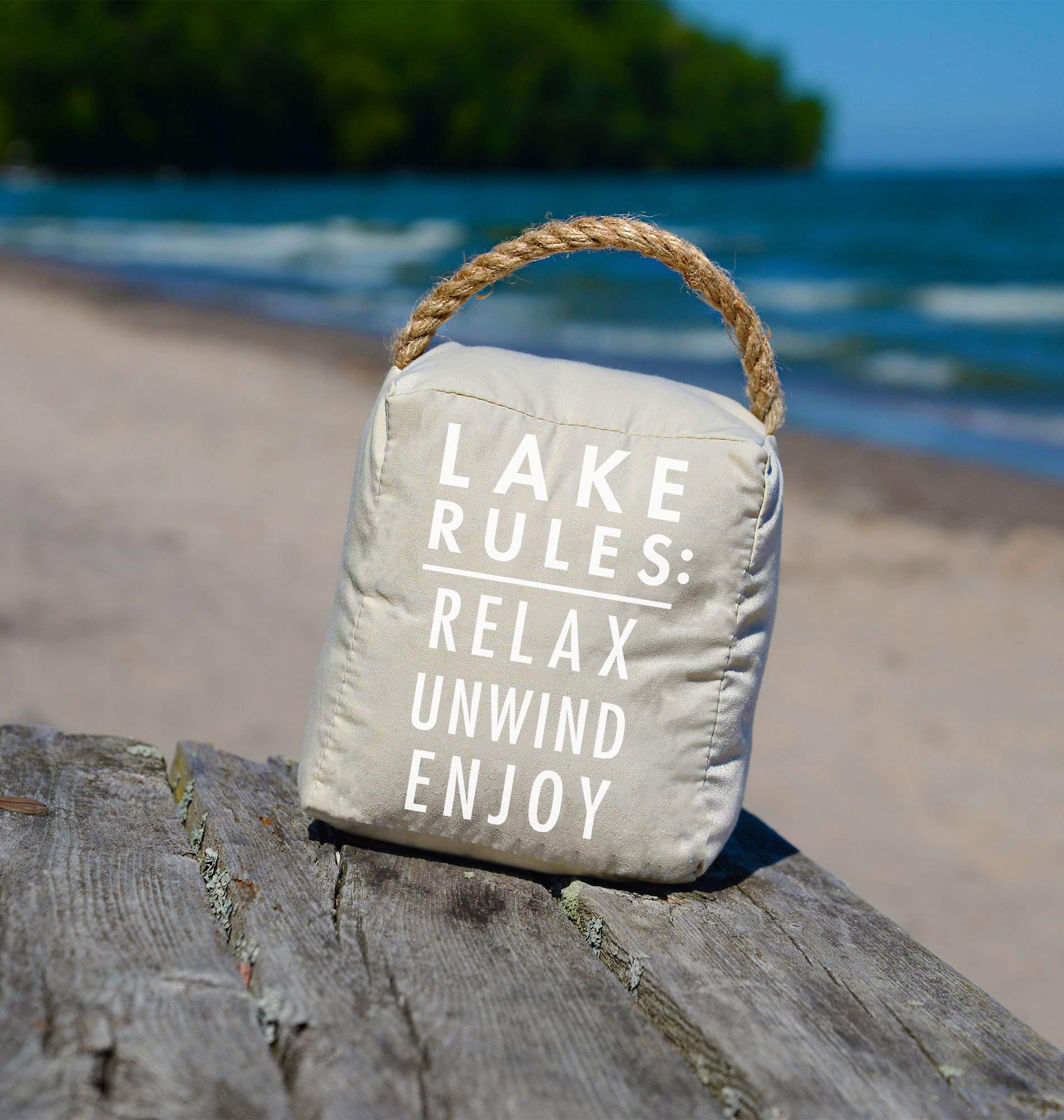 Pavilion Gift Company Lake Rules: Relax Unwind Enjoy Tan Door Stopper, Off White, 5" x 6"