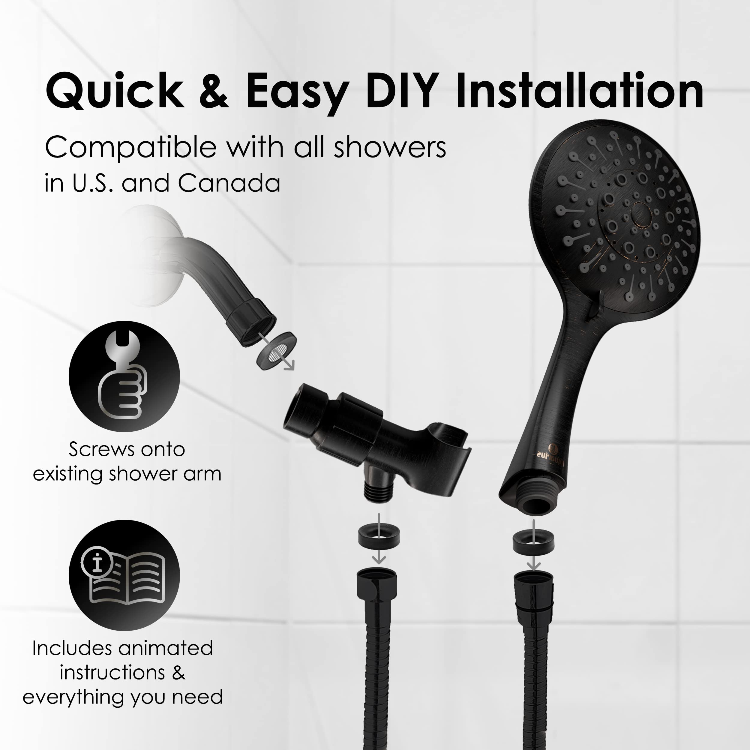 Wellness & Co Aquarius Oil Rubbed Bronze Shower Head with Handheld Spray and Extra Long Hose, Modern Style, 6 Settings, 4.9" Width, 56 Nozzles, 2.5 GPM