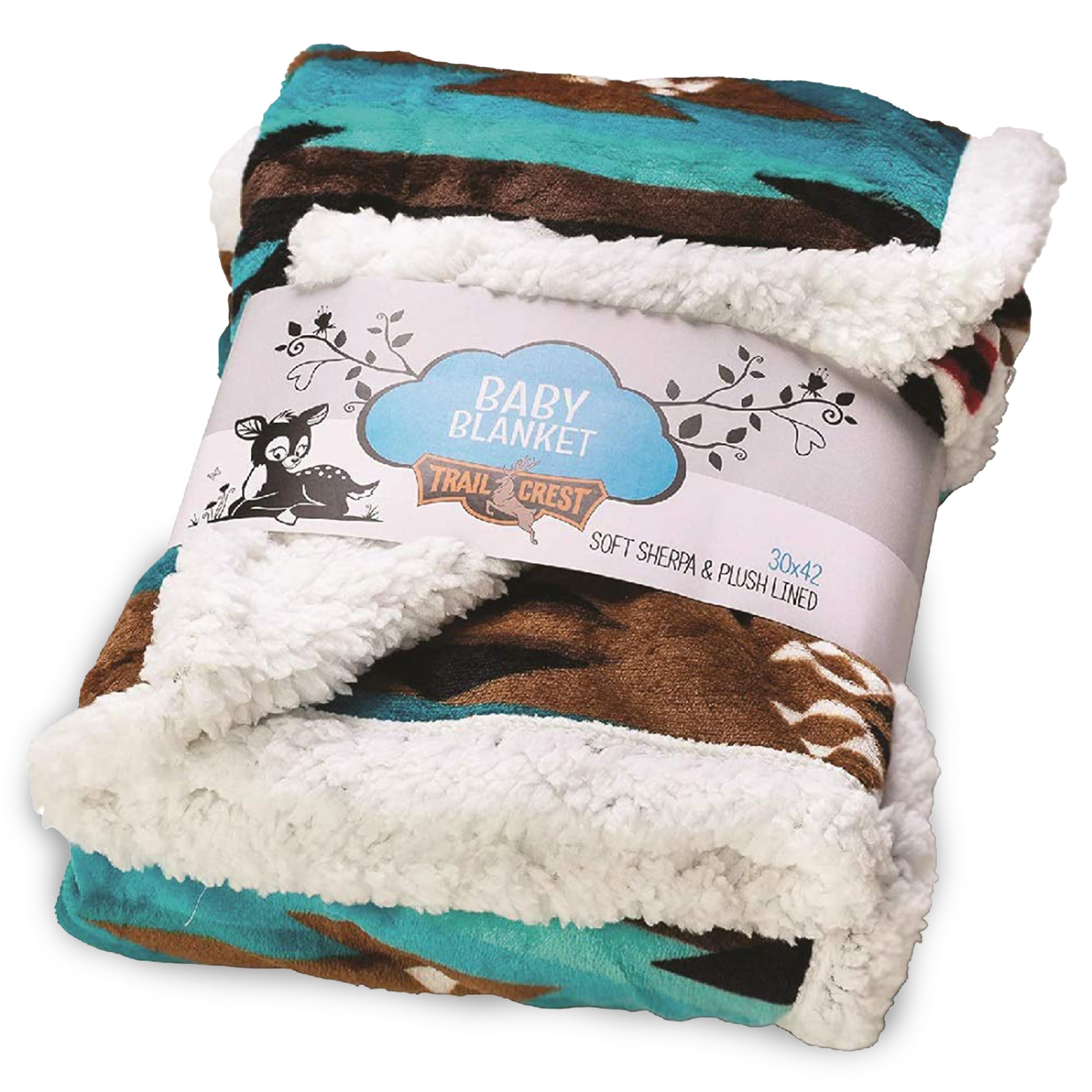 TrailCrest Ultra Soft Sherpa Fleece Cozy Plush Aztec Baby Blanket for Kids, Reversible with Aztec Prints, Washable, Wide Size, Swaddle, Stroller Blanket | Baby Shower Present, Teal Aztec