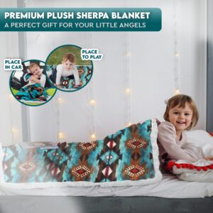 TrailCrest Ultra Soft Sherpa Fleece Cozy Plush Aztec Baby Blanket for Kids, Reversible with Aztec Prints, Washable, Wide Size, Swaddle, Stroller Blanket | Baby Shower Present, Teal Aztec