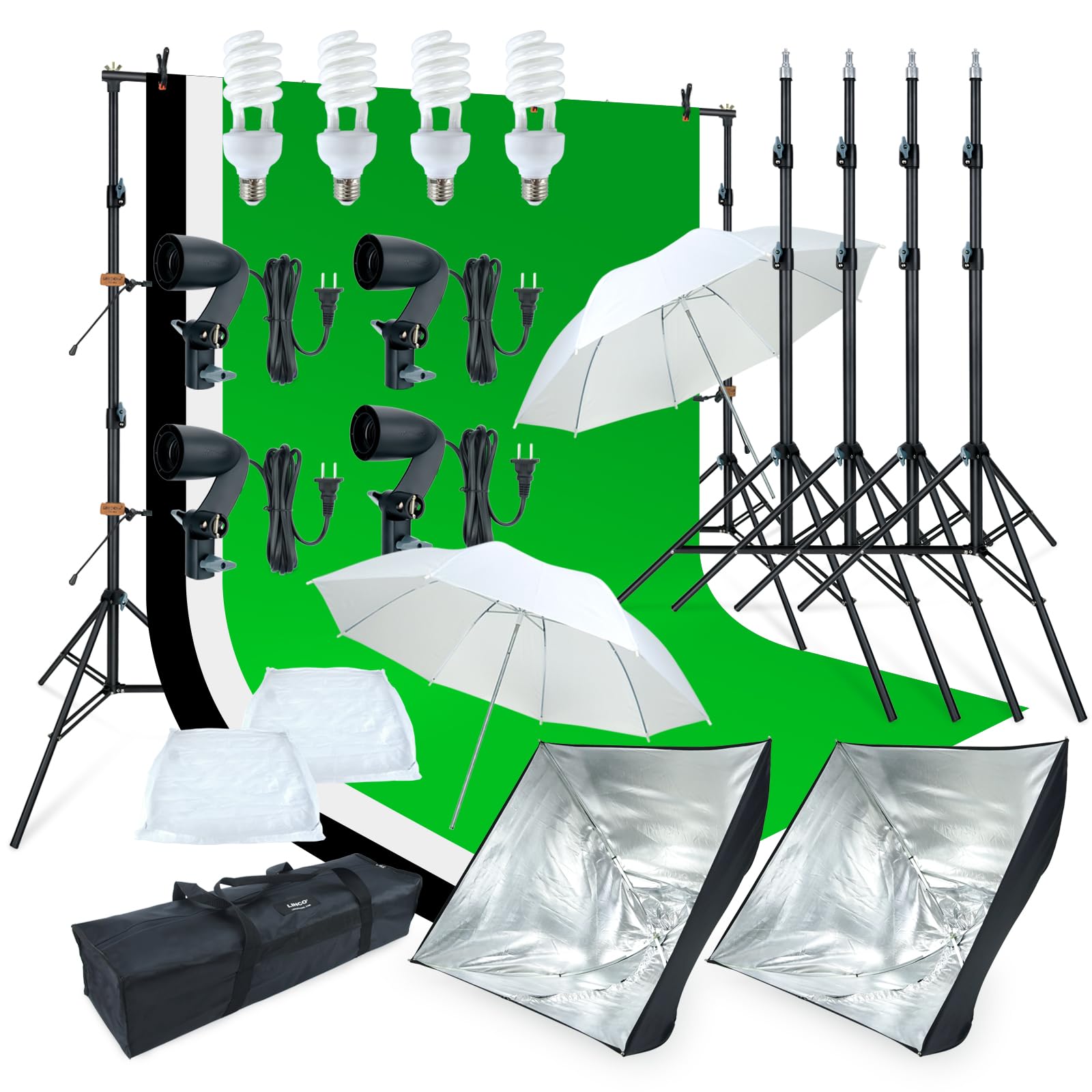 LINCO Lincostore Photo Video Studio Light Kit AM169 - Including 3 Color Backdrops (Black/White/Green) Background Screen