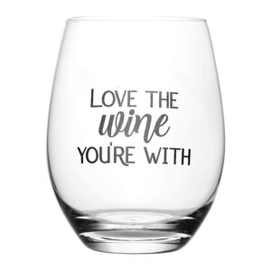 lushy wino – love the wine you're with – cute, novelty, etched stemless 16-ounce wine glass with funny sayings in gift box