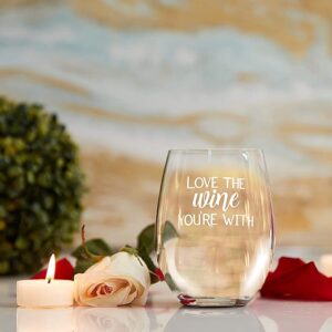 Lushy Wino – Love The Wine You're With – Cute, Novelty, Etched Stemless 16-Ounce Wine Glass with Funny Sayings in Gift Box