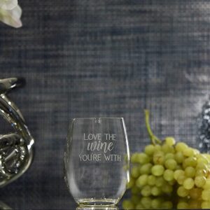 Lushy Wino – Love The Wine You're With – Cute, Novelty, Etched Stemless 16-Ounce Wine Glass with Funny Sayings in Gift Box