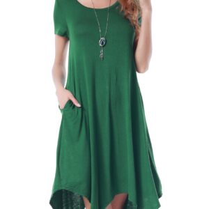 Invug Women Casual Loose Soft Crewneck Short Sleeve Pockets Swing T-Shirt Zigzag Hem Dress Dark Green S