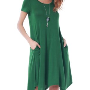 Invug Women Casual Loose Soft Crewneck Short Sleeve Pockets Swing T-Shirt Zigzag Hem Dress Dark Green S