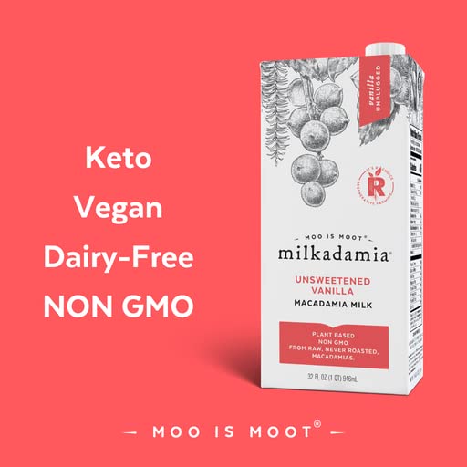 milkadamia Macadamia Milk - Unsweetened Vanilla - 32 Fl Oz (Pack of 6) - Lactose Free Milk, Vegan Shelf Stable Milk, Plant Based Non Dairy Milk, Organic Dairy Free Macadamia Nut Milk