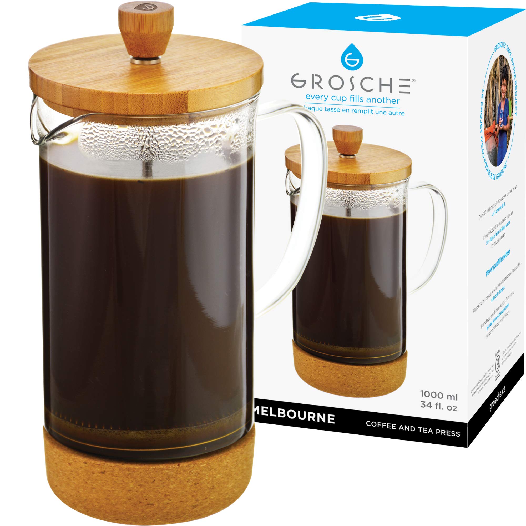 GROSCHE - Melbourne Premium French Press Coffee & Tea Maker (34 oz) with Bamboo Lid And Cork Base | Stylish Design | Coffee Maker | Tea Maker | Cold Brew | Borosilicate Glass