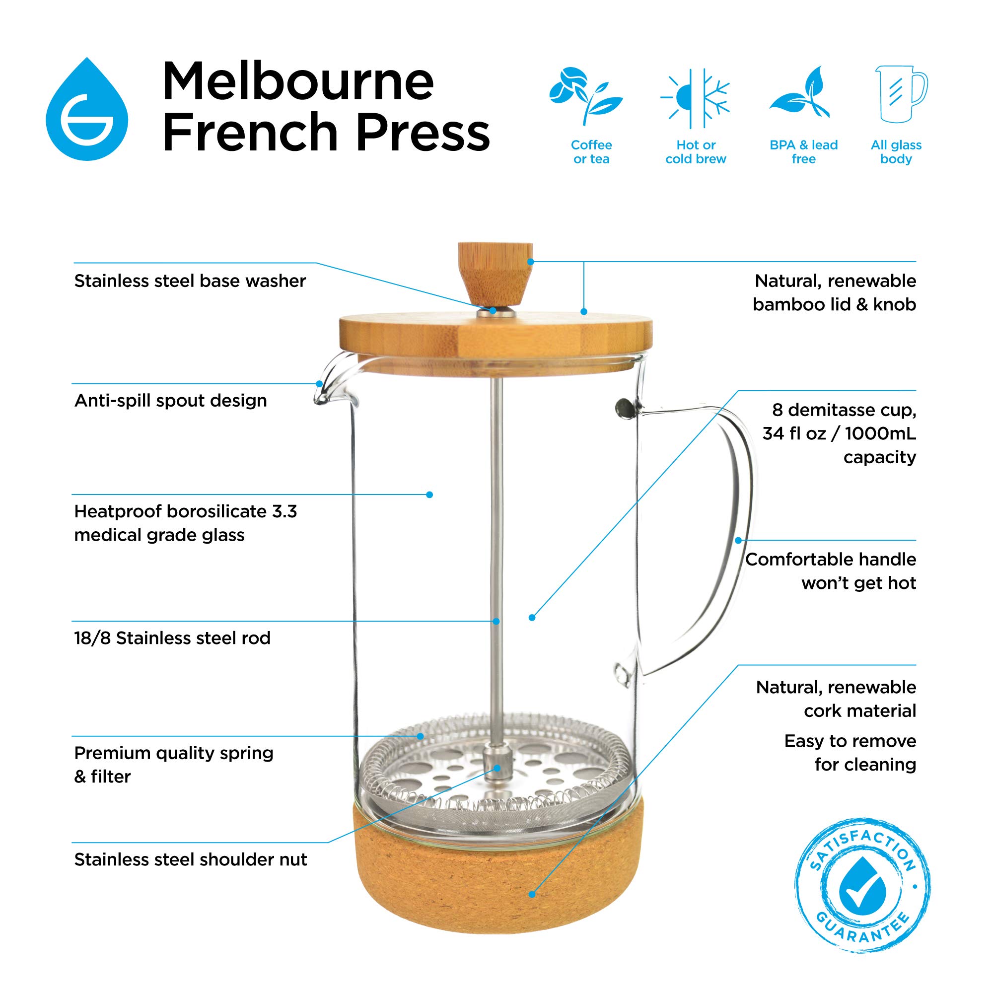 GROSCHE - Melbourne Premium French Press Coffee & Tea Maker (34 oz) with Bamboo Lid And Cork Base | Stylish Design | Coffee Maker | Tea Maker | Cold Brew | Borosilicate Glass