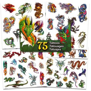 dragon temporary tattoos party favor set -- 75 dragons temporary tattoos with popart stickers (dragon party supplies)