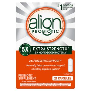 align probiotic extra strength, probiotics for women and men, #1 doctor recommended brand‡, 5x more good bacteria^ to help support a healthy digestive system*, 21 capsules