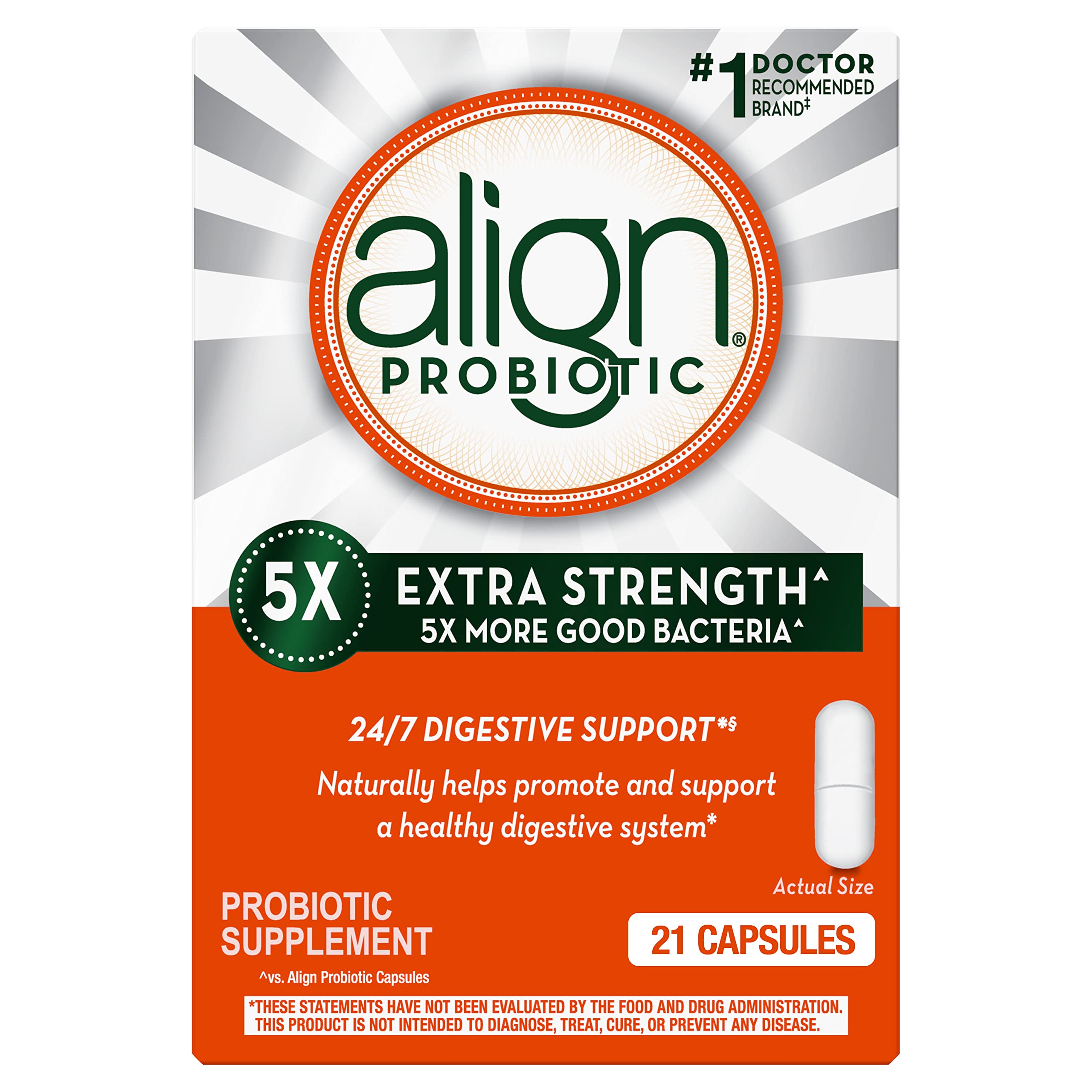 Align Probiotic Extra Strength, Probiotics for Women and Men, #1 Doctor Recommended Brand‡, 5X More Good Bacteria^ to Help Support a Healthy Digestive System*, 21 Capsules