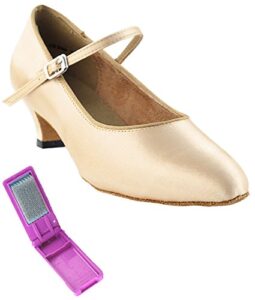 very fine dance shoes - ladies practice, cuban low heel ballroom dance shoes - 3008-1.3-inch heel and foldable brush bundle - light brown satin - 4.5