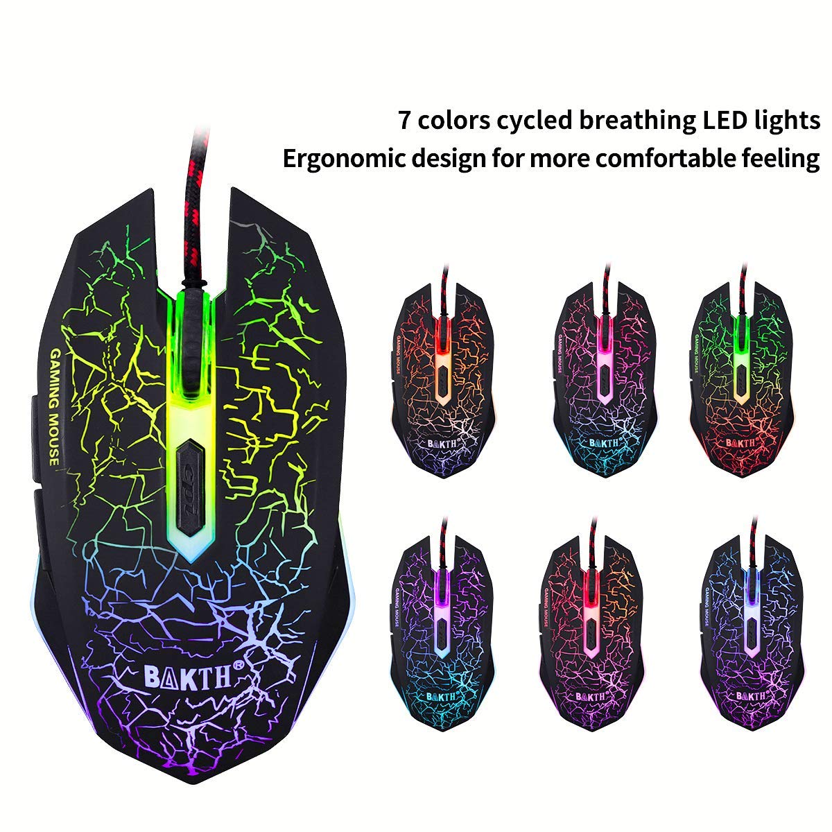 BAKTH Multiple Color Rainbow LED Backlit Mechanical Feeling USB Wired Gaming Keyboard and Mouse Combo for Working or Game