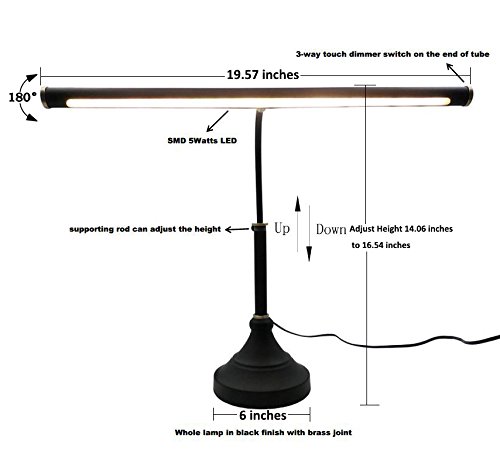 HomeFocus - LED Piano Desk Lamp with Touch Dimmer,Piano Lamp,Desk Lamp,Reading Lamp for Home Office,Adjustable Height,Multi-Functional,LED 5W,3000K,Metal,Black+Bronze,