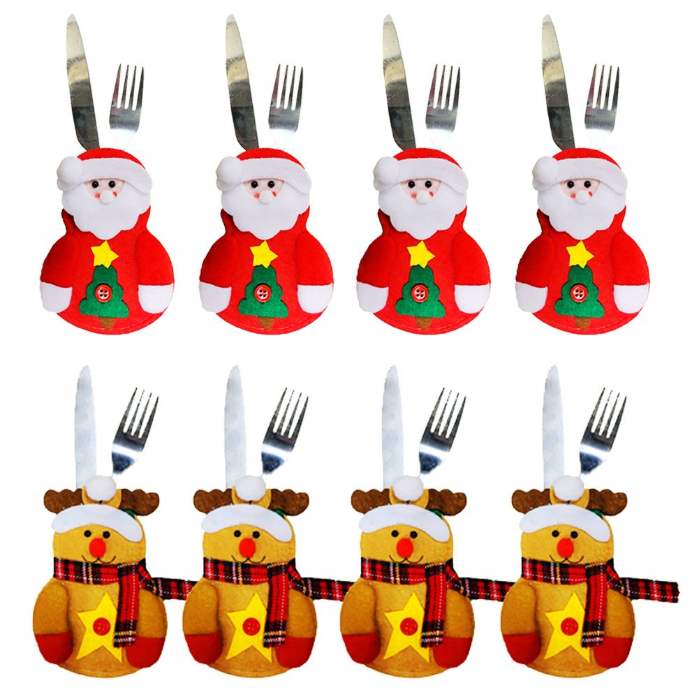 DegGod 8Pcs Christmas Tableware Holders Set, Santa Claus Elk Knife and Fork Bags Covers for Xmas New Year Party Dinner Table Decorations Ornaments (Elf)