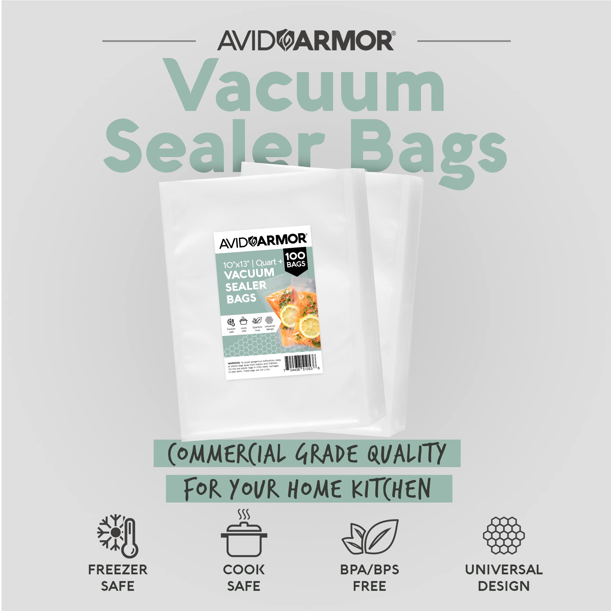 Avid Armor Vacuum Sealer Bags QUART PLUS Size 10"x13" 100 Pack for Food Saver and Seal A Meal Vac Sealers BPA Free Commercial Grade Sous Vide Vaccume Safe, Heavy Duty Universal Precut Storage Bag