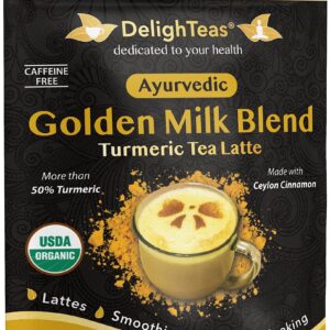 DelighTeas Organic Golden Milk Powder with Turmeric, Ginger, Ceylon Cinnamon | Ayurvedic Spices for Golden Turmeric Latte | Unsweetened, Vegan, Non-GMO, Keto | 120 Servings, 5 oz.