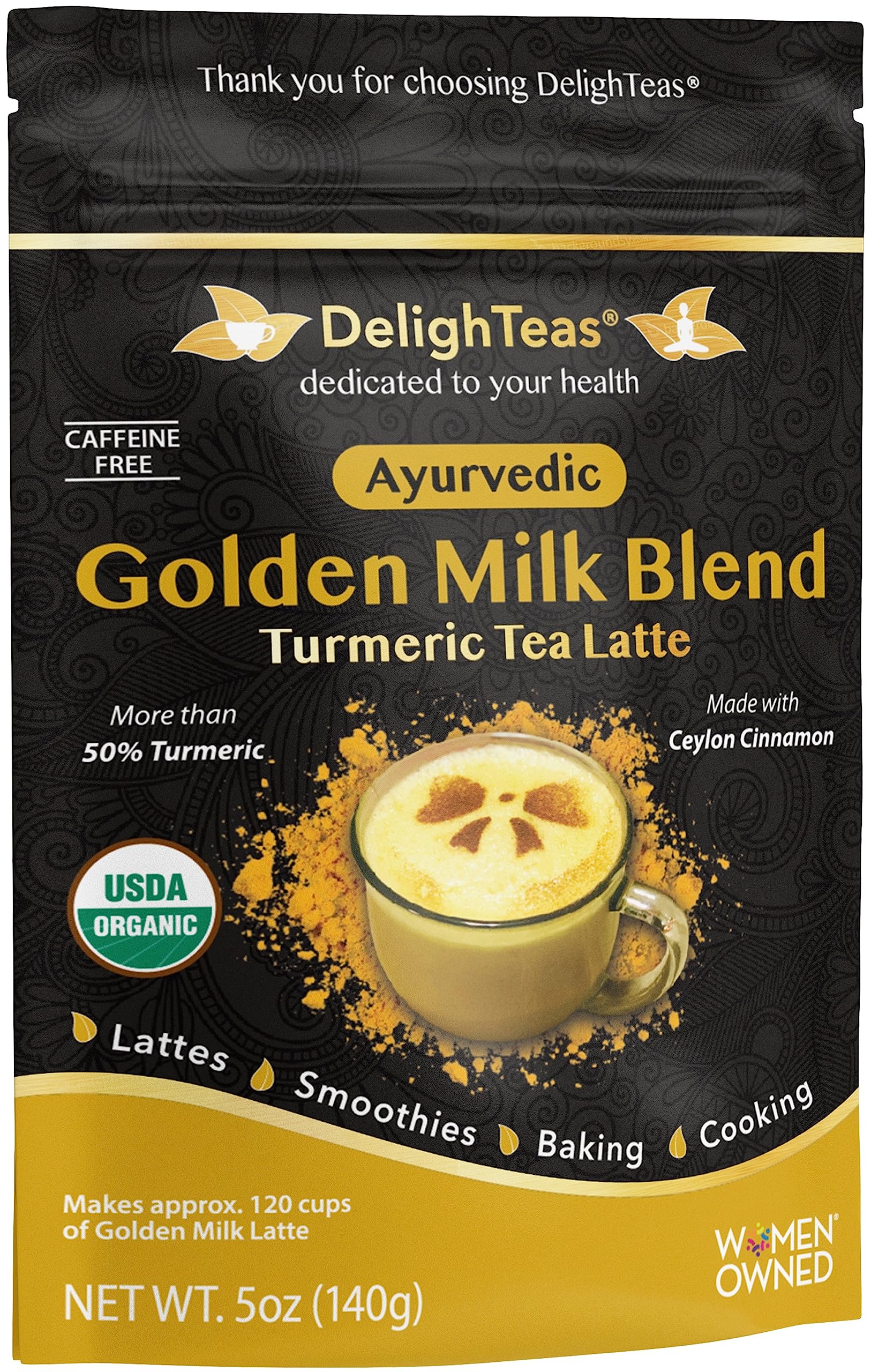 DelighTeas Organic Golden Milk Powder with Turmeric, Ginger, Ceylon Cinnamon | Ayurvedic Spices for Golden Turmeric Latte | Unsweetened, Vegan, Non-GMO, Keto | 120 Servings, 5 oz.