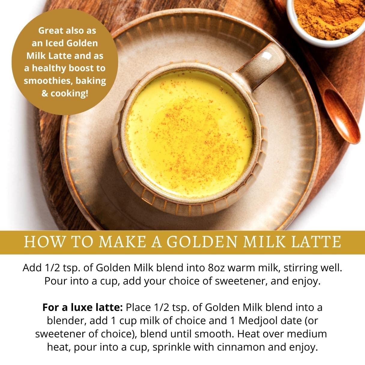 DelighTeas Organic Golden Milk Powder with Turmeric, Ginger, Ceylon Cinnamon | Ayurvedic Spices for Golden Turmeric Latte | Unsweetened, Vegan, Non-GMO, Keto | 120 Servings, 5 oz.