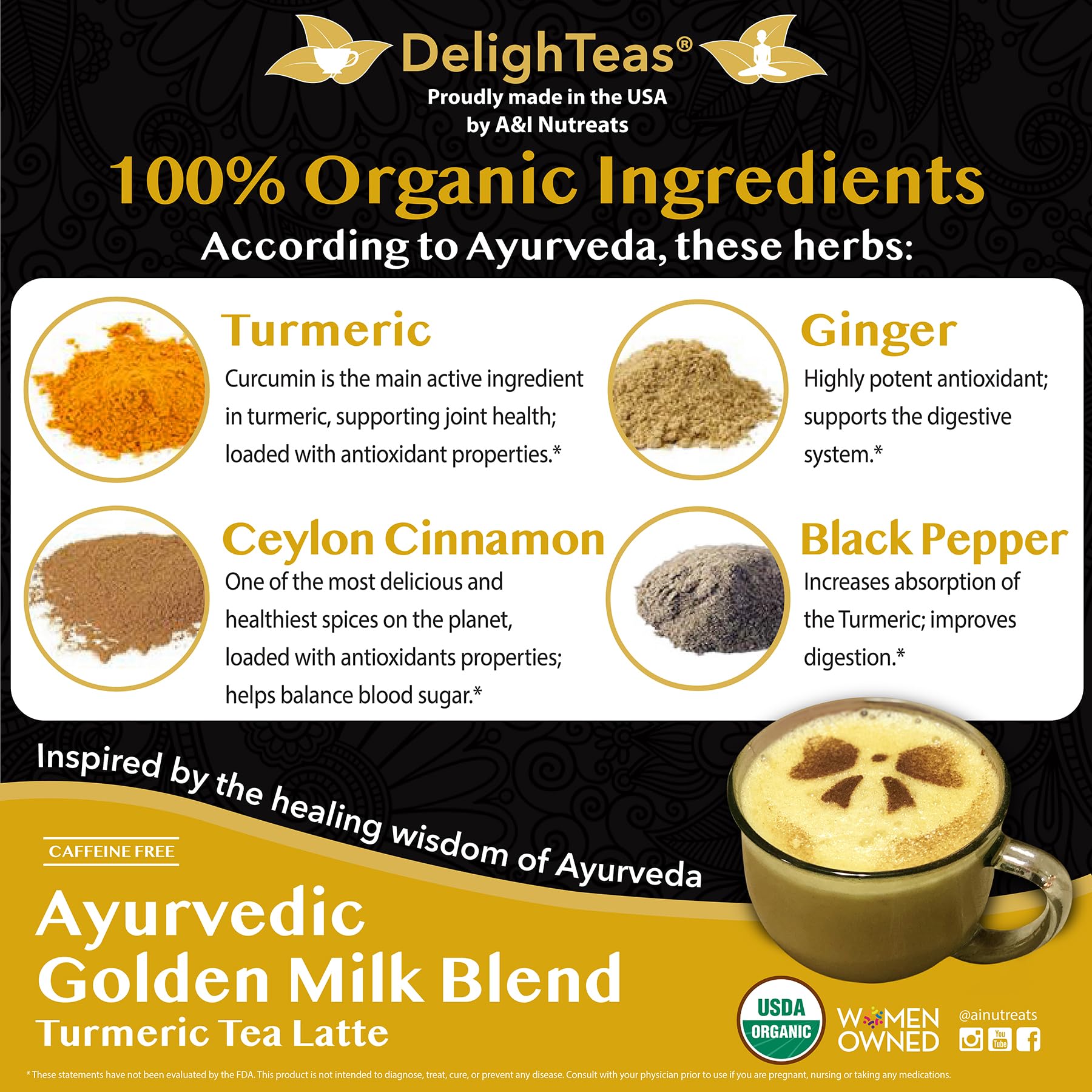 DelighTeas Organic Golden Milk Powder with Turmeric, Ginger, Ceylon Cinnamon | Ayurvedic Spices for Golden Turmeric Latte | Unsweetened, Vegan, Non-GMO, Keto | 120 Servings, 5 oz.