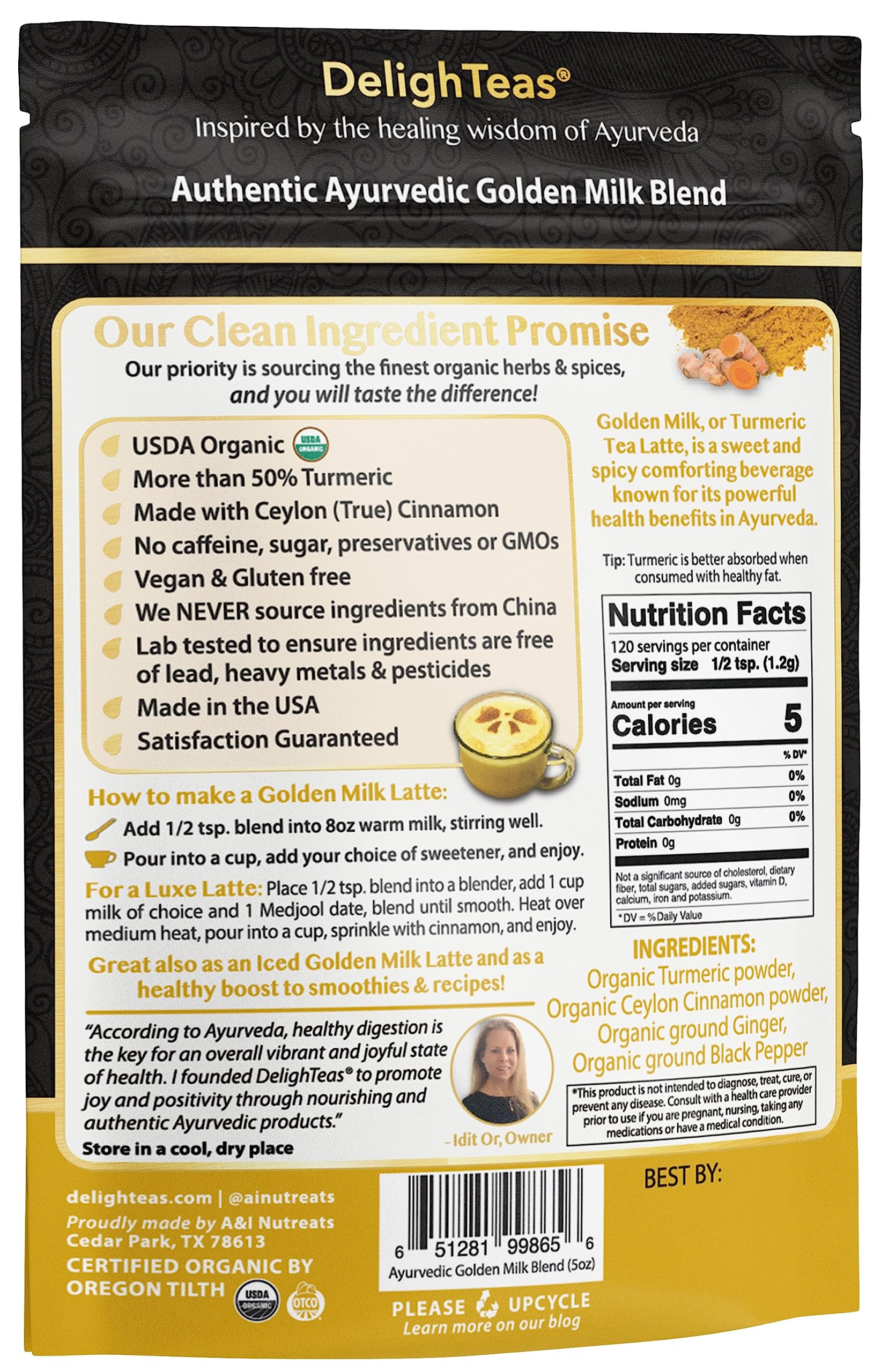 DelighTeas Organic Golden Milk Powder with Turmeric, Ginger, Ceylon Cinnamon | Ayurvedic Spices for Golden Turmeric Latte | Unsweetened, Vegan, Non-GMO, Keto | 120 Servings, 5 oz.