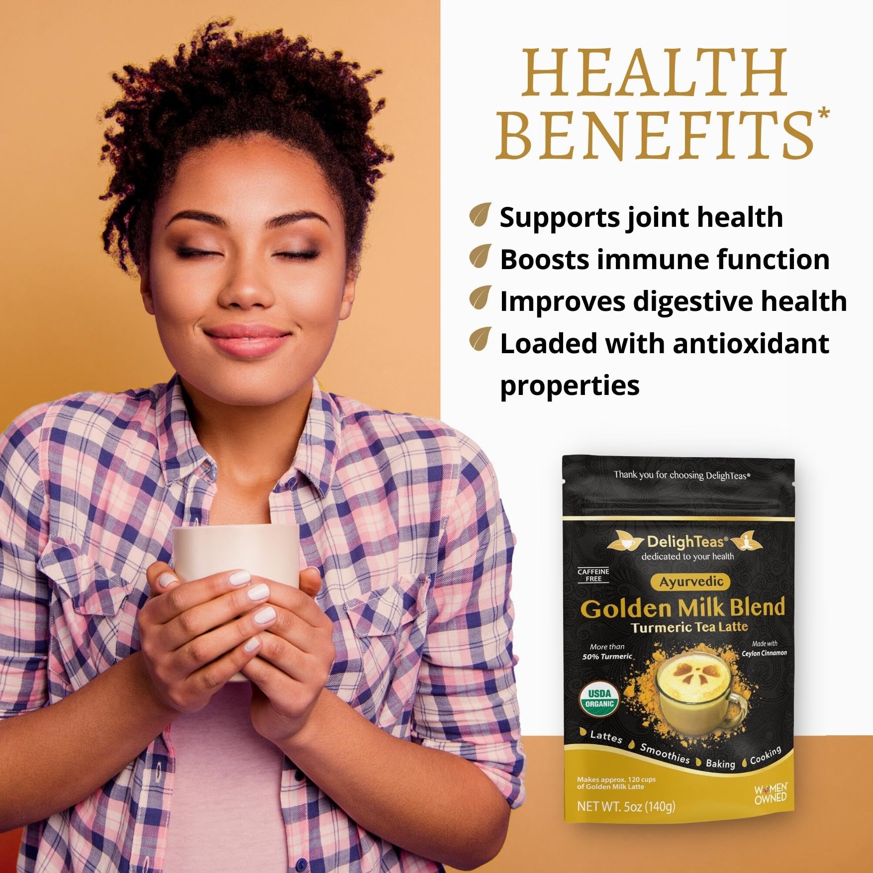 DelighTeas Organic Golden Milk Powder with Turmeric, Ginger, Ceylon Cinnamon | Ayurvedic Spices for Golden Turmeric Latte | Unsweetened, Vegan, Non-GMO, Keto | 120 Servings, 5 oz.