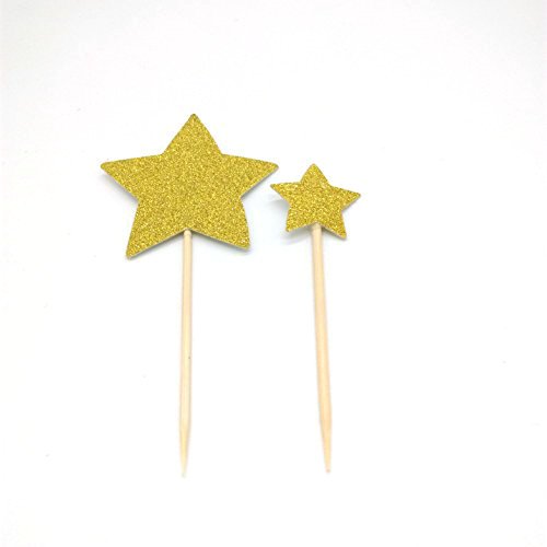 Hemarty 40 Pcs Twinkle Gold Star Cupcake Toppers DIY Glitter Mini Birthday Cake Snack Decorations Picks Suppliers Party Accessories for Wedding Baby Shower