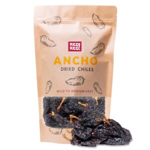 rico rico - dried ancho chiles, 4 oz - premium dried chiles, great for birria sauce, mexican mole, enchiladas, salsas, pozole, mild to medium heat, sweet & smoky flavor. 100% natural dried chili peppers, resealable in kraft bag by rico rico