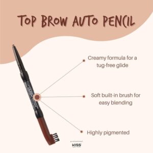 Kiss New York Professional Long-Lasting Eyebrow, Retractable Eyebrow Pencil, Rich Pigmentation, Coconut Oil Infused, Built-in Brush Brow, Sapes, Define, Fills Brow, Eye Makeup (DARK BROWN)