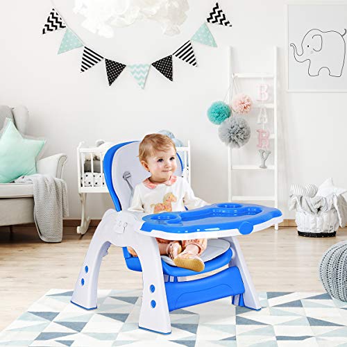 Costzon Baby High Chair, 3 in 1 Infant Table and Chair Set, Convertible Booster Seat with 3-Position Adjustable Feeding Tray, Adjustable Seat Back, 5-Point Harness (Blue)