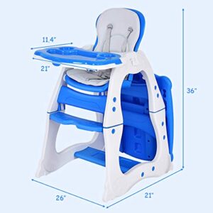 Costzon Baby High Chair, 3 in 1 Infant Table and Chair Set, Convertible Booster Seat with 3-Position Adjustable Feeding Tray, Adjustable Seat Back, 5-Point Harness (Blue)