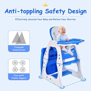 Costzon Baby High Chair, 3 in 1 Infant Table and Chair Set, Convertible Booster Seat with 3-Position Adjustable Feeding Tray, Adjustable Seat Back, 5-Point Harness (Blue)