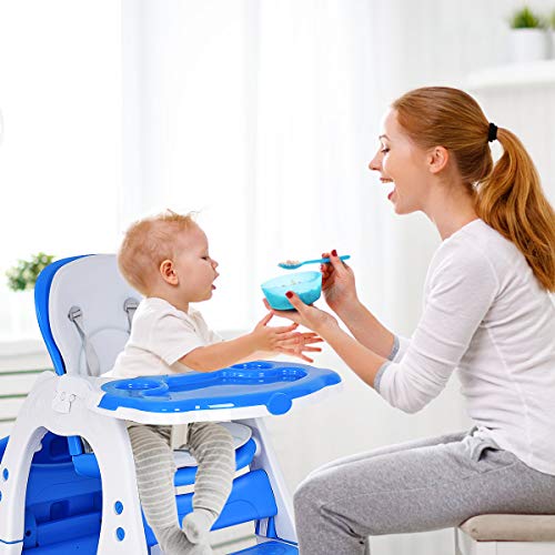 Costzon Baby High Chair, 3 in 1 Infant Table and Chair Set, Convertible Booster Seat with 3-Position Adjustable Feeding Tray, Adjustable Seat Back, 5-Point Harness (Blue)