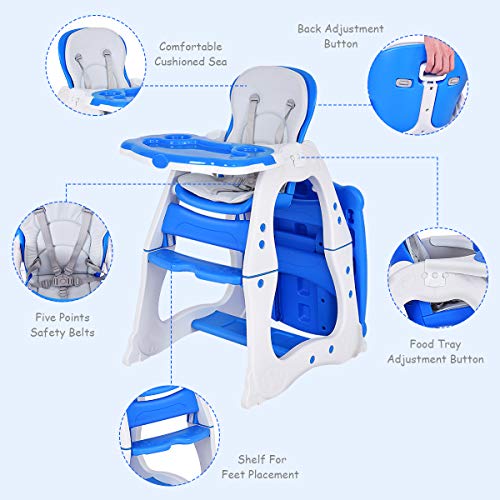 Costzon Baby High Chair, 3 in 1 Infant Table and Chair Set, Convertible Booster Seat with 3-Position Adjustable Feeding Tray, Adjustable Seat Back, 5-Point Harness (Blue)