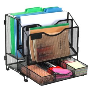 easypag mesh desk file organizer office supplies 2 upright desktop filing holder with folder hanging rack and sliding drawer organizer,black