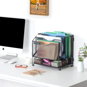 EasyPAG Mesh Desk File Organizer Office Supplies 2 Upright Desktop Filing Holder with Folder Hanging Rack and Sliding Drawer Organizer,Black