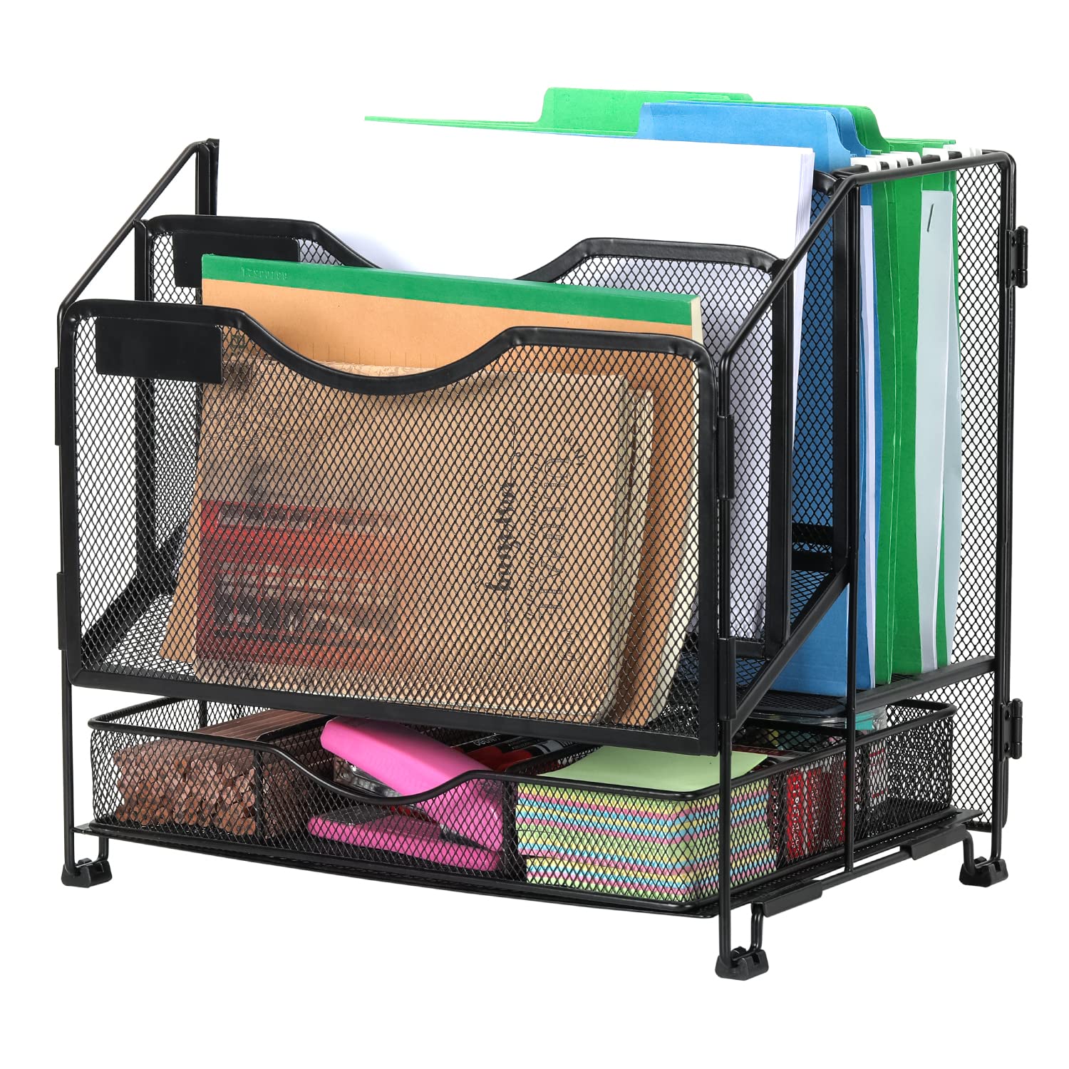 EasyPAG Mesh Desk File Organizer Office Supplies 2 Upright Desktop Filing Holder with Folder Hanging Rack and Sliding Drawer Organizer,Black