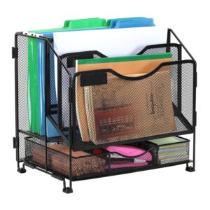 EasyPAG Mesh Desk File Organizer Office Supplies 2 Upright Desktop Filing Holder with Folder Hanging Rack and Sliding Drawer Organizer,Black