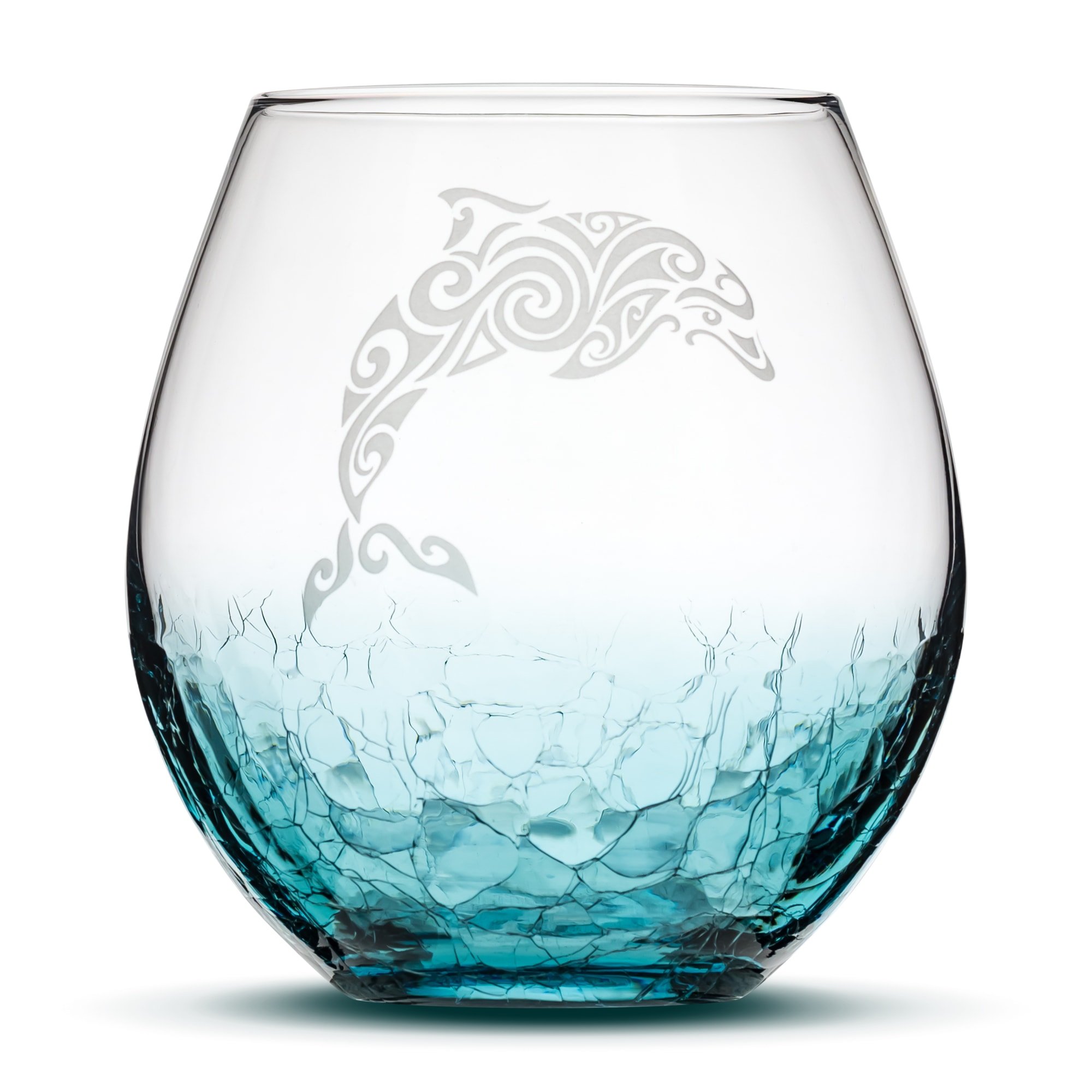 Integrity Bottles Tribal Dolphin Design Stemless Wine Glass, Handmade, Handblown, Hand Etched Gifts, Sand Carved, 18oz (Crackle Teal)