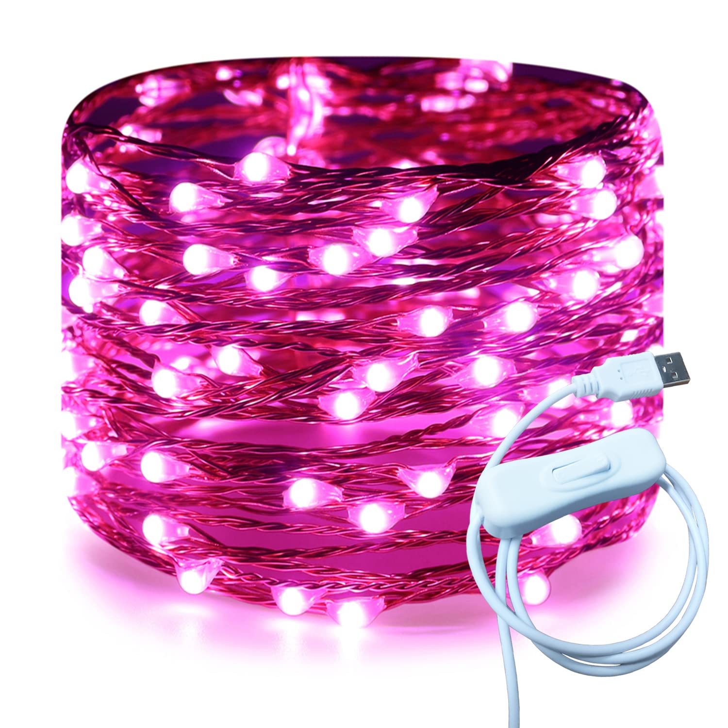 RUICHEN USB Fairy Lights 20 Ft 120 LED String Lights with On/Off Switch, Waterproof Copper Wire Lights for Bedroom Wall Ceiling Wreath Christmas Easter Valentines Day Wedding Party (Pink)