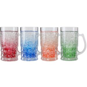 lily's home insulated double wall gel-filled acrylic frosted freezer beer glasses, great for enjoying brews at bbqs and parties, clear with assorted color bases (14 oz. each, set of 4) - mug shape